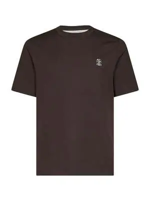 Brunello Cucinelli Dark Brown Cotton Jersey Logo Crewneck T-shirt - Multicolor