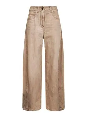 Brunello Cucinelli Beige Authentic Denim Wide Jeans With Monili - Multicolor