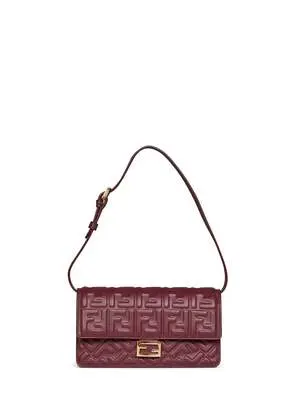 Fendi Burgundy Embossed Ff Nappa Leather Wallet On Chain Baguette Minibag - Multicolor