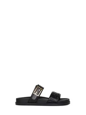 Fendi Black Nappa Leather Double Strap Slides With Baguette Buckle