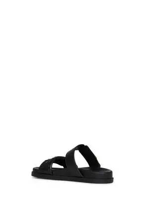 Fendi Black Nappa Leather Double Strap Slides With Baguette Buckle