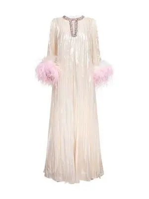 SELF-PORTRAIT Metallic Pleated Maxi Dress With Feather Cuffs - Multicolor