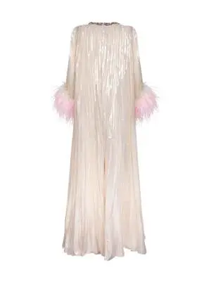 SELF-PORTRAIT Metallic Pleated Maxi Dress With Feather Cuffs - Multicolor