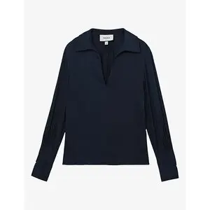 REISS Orla Open-collar Stretch Silk-blend Blouse - Navy