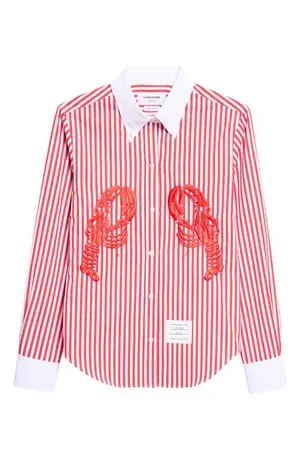 Thom Browne Embroidered Lobster Stripe Cotton Poplin Button-down Shirt
