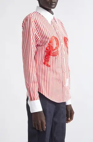 Thom Browne Embroidered Lobster Stripe Cotton Poplin Button-down Shirt
