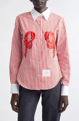 Thom Browne Lobster Embroide Stripe Cotton Poplin Button-down Shirt - Red
