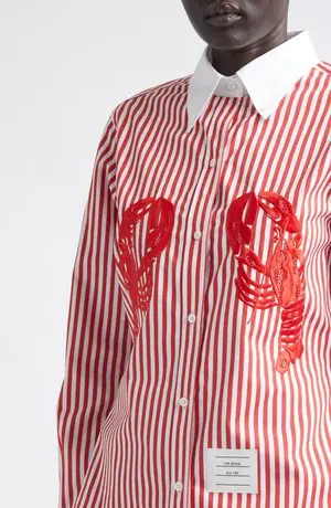 Thom Browne Embroidered Lobster Stripe Cotton Poplin Button-down Shirt