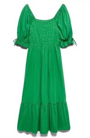 M&s Puff Sleeve Cotton Midi Dress - Green