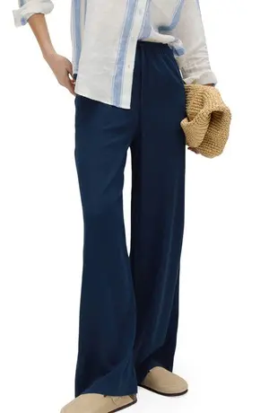 M&s Linen Blend Wide Leg Drawstring Pants - Navy