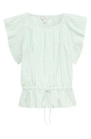 M&s Variegated Stripe Cotton Top With Statement Sleeves And Peplum Finish