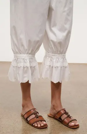 Staud Renzo Embroidered Lace Detail Cropped Cotton Pants - Ivory