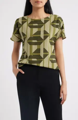 Anne Klein Geo Print Short Sleeve Top - Bay Leaf Multi