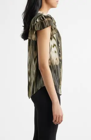 Anne Klein Striped Ruffle Sleeve Tie Neck Top