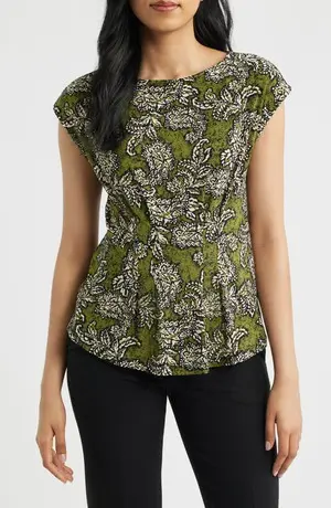 Anne Klein Print Cap Sleeve Top - Bay Leaf Multi