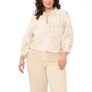 Vince Camuto Embroidered Flower Appliqué Tie Neck Top - New Ivory