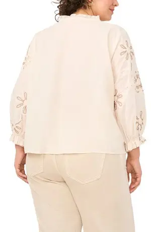 Vince Camuto Embroidered Flower Appliqué Tie Neck Top