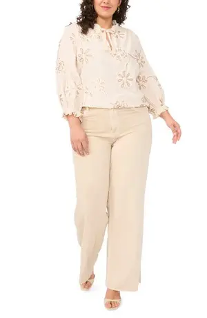 Vince Camuto Embroidered Flower Appliqué Tie Neck Top