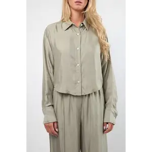 VIENS AVEC MOI The Riviera Cupro Blend Crop Blouse - Olive