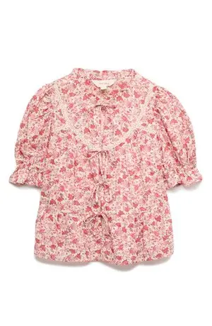 PER UNA BY M&S Floral Lace Inset Tie Front Top - Pink/multi