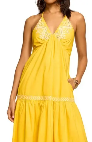 Ramy Brook Amaris Eyelet Embroidery Halter Maxi Dress