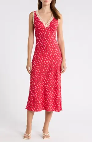 Lucky Brand Simone Lace Detail Ditsy Slipdress - Red Ditsy