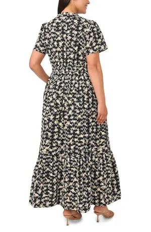 CECE DUPRAZ Embroidered Split Neck Tiered Cotton Maxi Dress