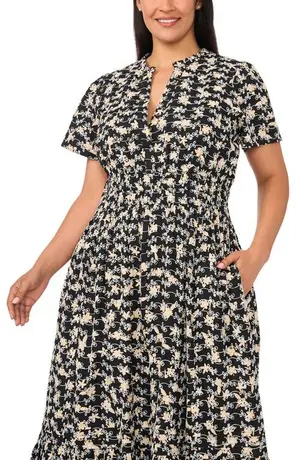CECE DUPRAZ Embroidered Split Neck Tiered Cotton Maxi Dress