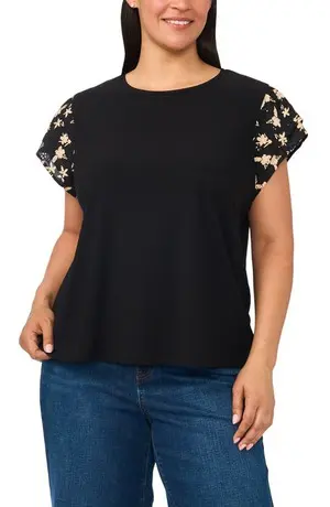 CECE DUPRAZ Eyelet Tiered Ruffle Sleeve Stretch Crepe Top - Rich Black