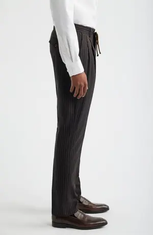 Zanella Nova Black Pinstripe Wool & Cotton Drawstring Dress Pants - Espresso