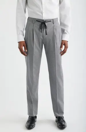 Zanella Nova Grey Glen Check Pleated Wool & Cotton Drawstring Dress Pants - Navy