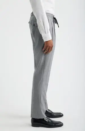 Zanella Nova Grey Glen Check Pleated Wool & Cotton Drawstring Dress Pants - Navy