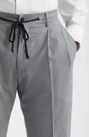 Zanella Nova Grey Glen Check Pleated Wool & Cotton Drawstring Dress Pants - Navy