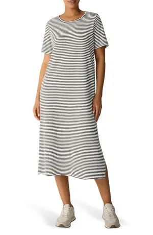 Eileen Fisher Striped T-shirt Midi Dress - Olive