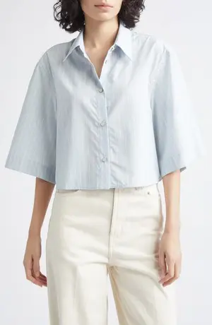 Helmut Lang Striped Cotton Blend Cropped Button-up Shirt - Light Blue Multi