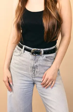 PETIT MOMENTS Faux Leather Skinny Belt With Crescent Buckle