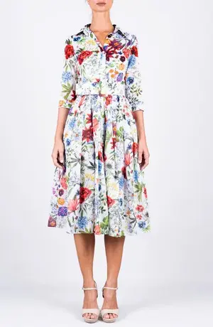 Samantha Sung Audrey Pleated Floral Print Midi Shirtdress - Botanic