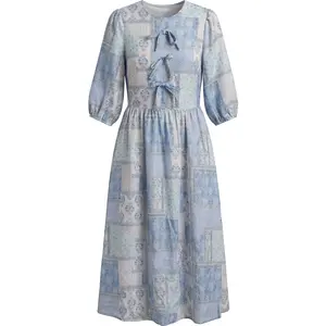 NONI Floral Print Puff Sleeve Midi Dress - Blue