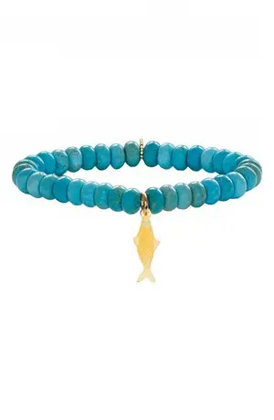 MARLYN SCHIFF Nori Fish Charm Jade Beaded Stretch Bracelet - Turquoise