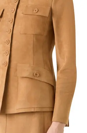 Akris Delia Fitted Goatskin Suede Jacket With Spread Collar And Utility Pockets