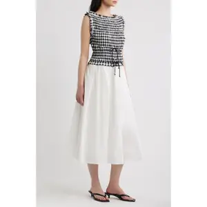 A.REN Two Tone Gingham Smocked Midi Dress - Black