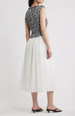 A.REN Two Tone Gingham Smocked Midi Dress