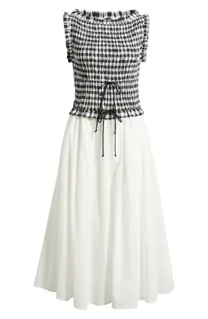A.REN Two Tone Gingham Smocked Midi Dress
