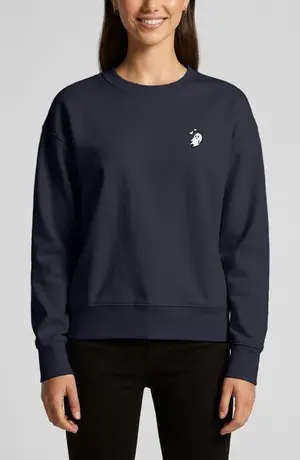 DALIX Embroidered Ghost & Hearts Relaxed Fleece Crewneck Sweatshirt - Ink Blue
