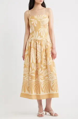 A.REN Sleeveless A-line Dress With Floral Print - Camel