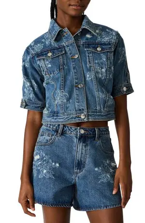 Steve Madden Distressed Short Sleeve Denim Jacket - Mixed Indigo