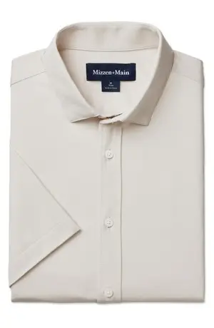 Mizzen+main Newport Solid Tan Short Sleeve Knit Cotton Blend Button-up Shirt