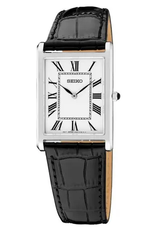 SEIKO WATCHES Essentials Rectangular Embossed Leather Strap Watch - White/silver