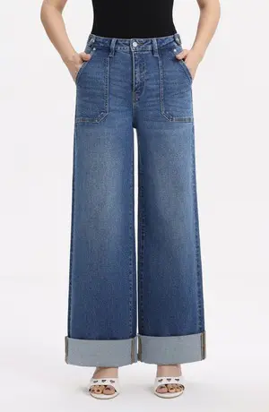 BAYEAS Super High Waist Wide Leg Utility Jeans - Medium Blue