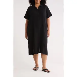 Eileen Fisher Classic Collar Organic Cotton Midi Shirtdress - Black